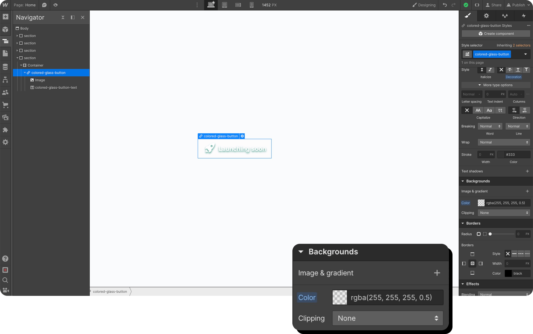 How to create a translucent glass button with colored drop shadow in Figma & Webflow